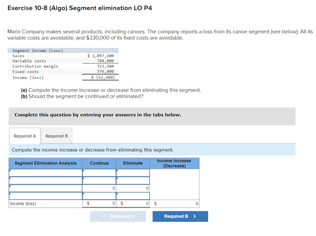 Solved Exercise 10-8 (Algo) ﻿Segment elimination LO P4Marin | Chegg.com