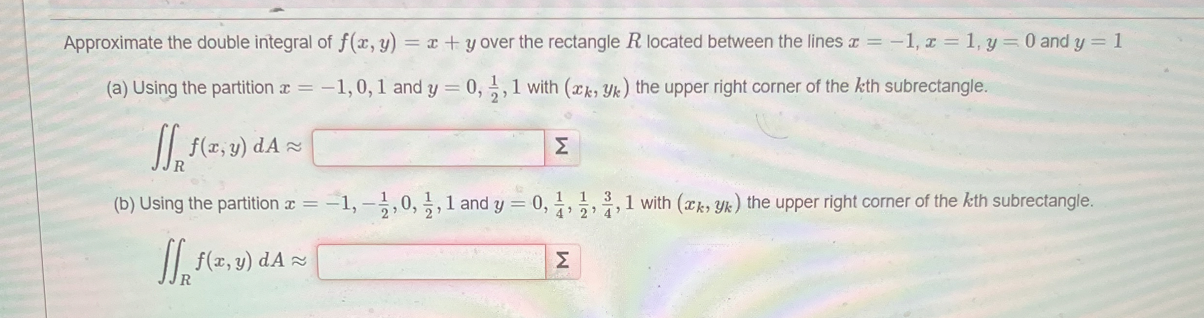 Solved Approximate the double integral of f(x,y)=x+y ﻿over | Chegg.com