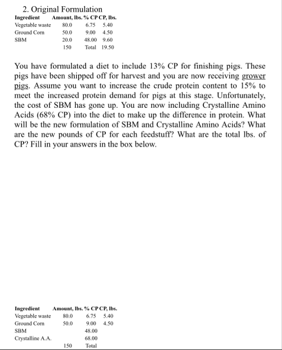 Solved Original Formulation\table[[Ingredient,Amount, lbs. % | Chegg.com