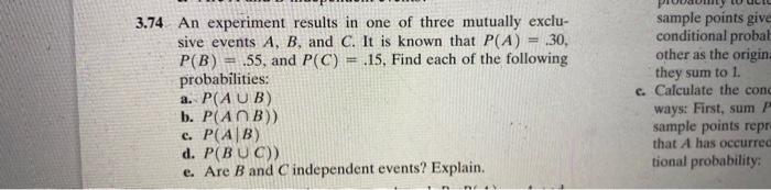 Solved 3.74. An experiment results in one of three mutually | Chegg.com