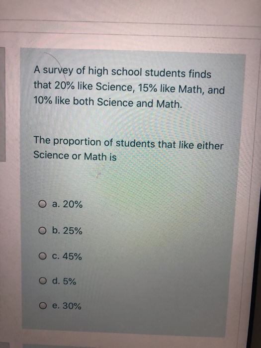 Solved A survey of high school students finds that 20% like | Chegg.com