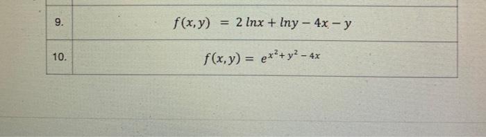 Solved 9. f(x,y)=2lnx+lny−4x−y 10. f(x,y)=ex2+y2−4x | Chegg.com