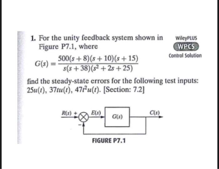 Solved 1. For the unity feedback system shown in WileyPLUS | Chegg.com