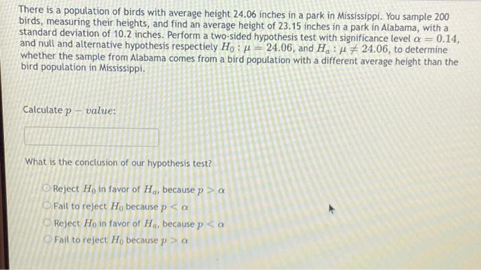 Solved There is a population of birds with average height | Chegg.com
