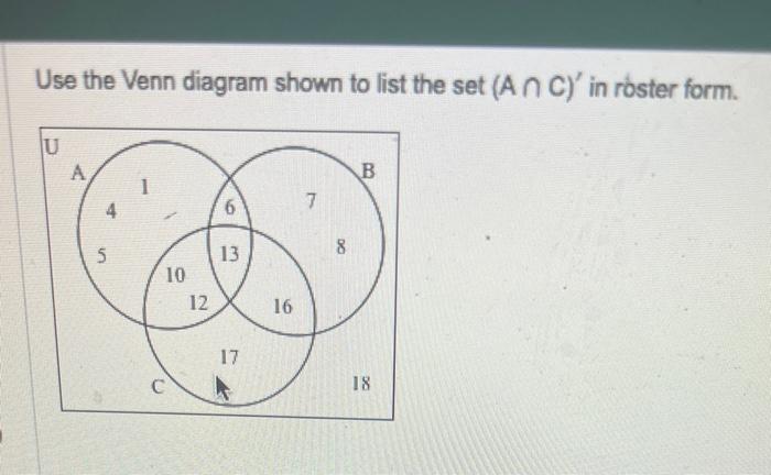 Solved Using venn diagram to list ( A /\ C)' in roster form | Chegg.com