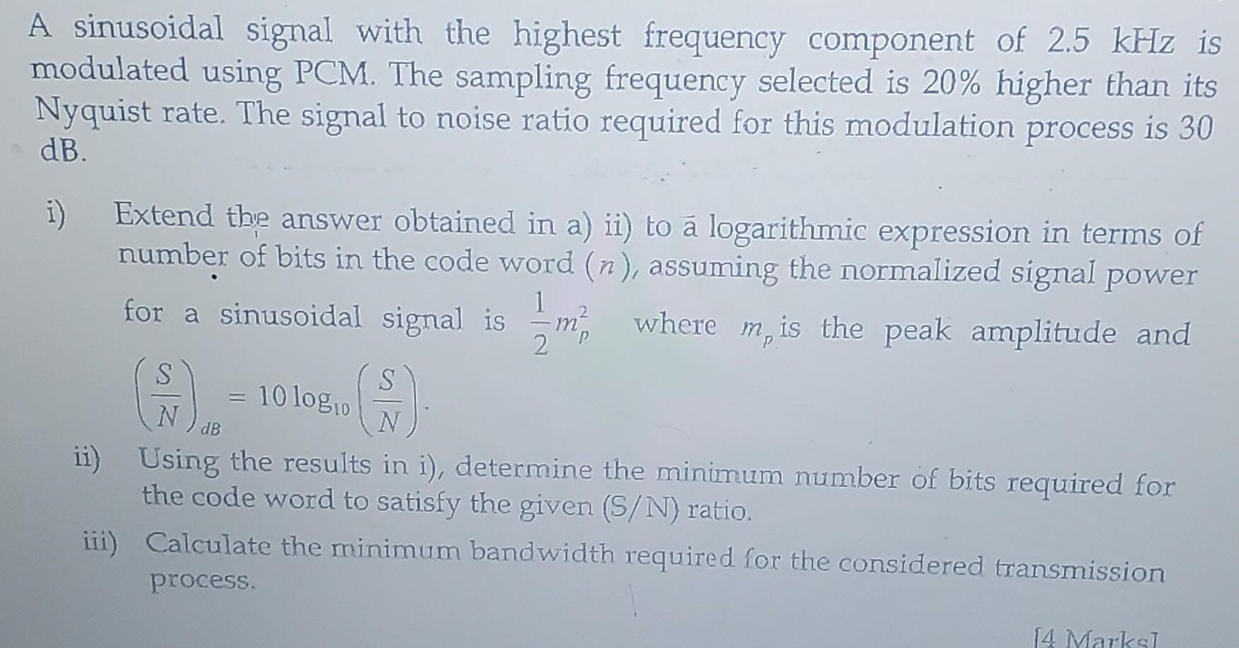Solved A sinusoidal signal with the highest frequency | Chegg.com
