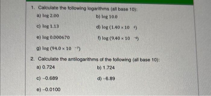 Solved 1. Calculate the following logarithms (all base 10): | Chegg.com