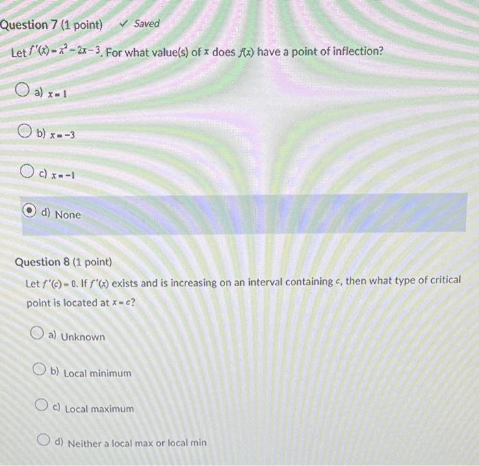 Solved Let f′(x)=x2−2x−3. For what value(s) of x does f(x) | Chegg.com