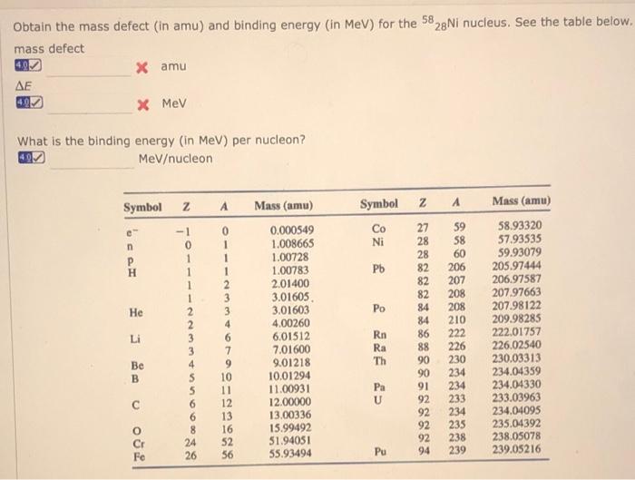 Solved Obtain the mass defect (in amu) and binding energy | Chegg.com