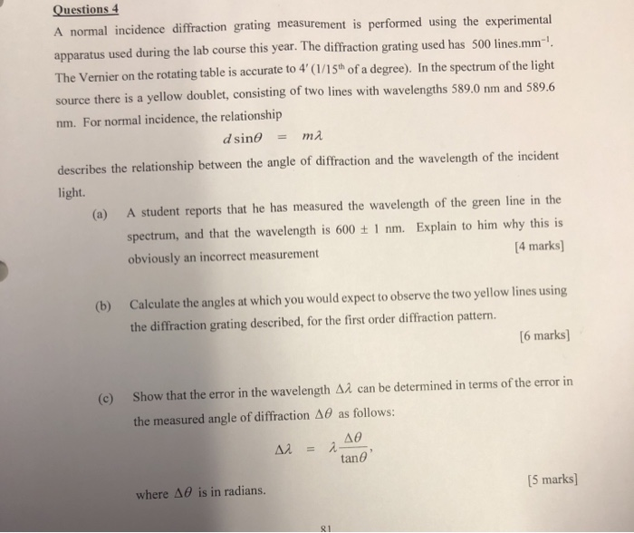 Solved Questions 4 A normal incidence diffraction grating | Chegg.com