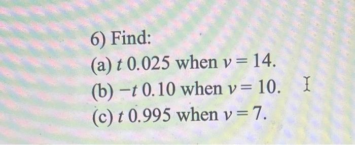 Solved 6) Find: (a) t0.025 when v=14. (b) −t0.10 when v=10. | Chegg.com