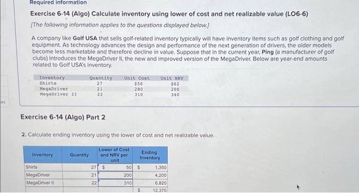 Solved Exercise 6-14 (Algo) Calculate inventory using lower | Chegg.com