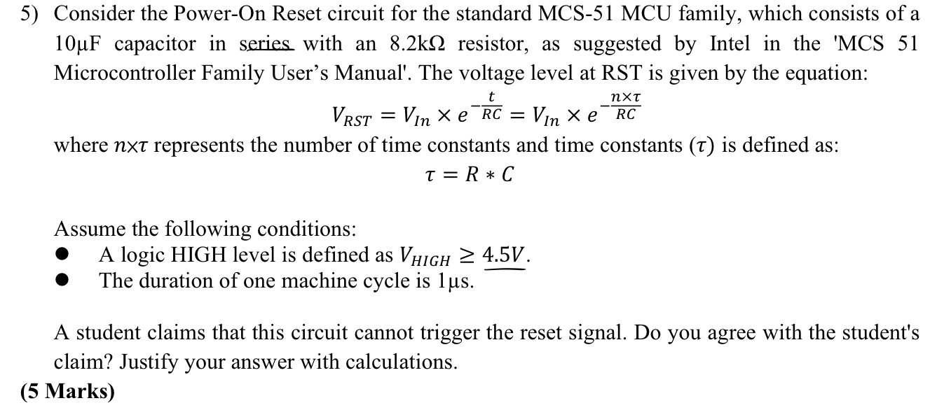 Solved Consider the Power-On Reset circuit for the standard | Chegg.com