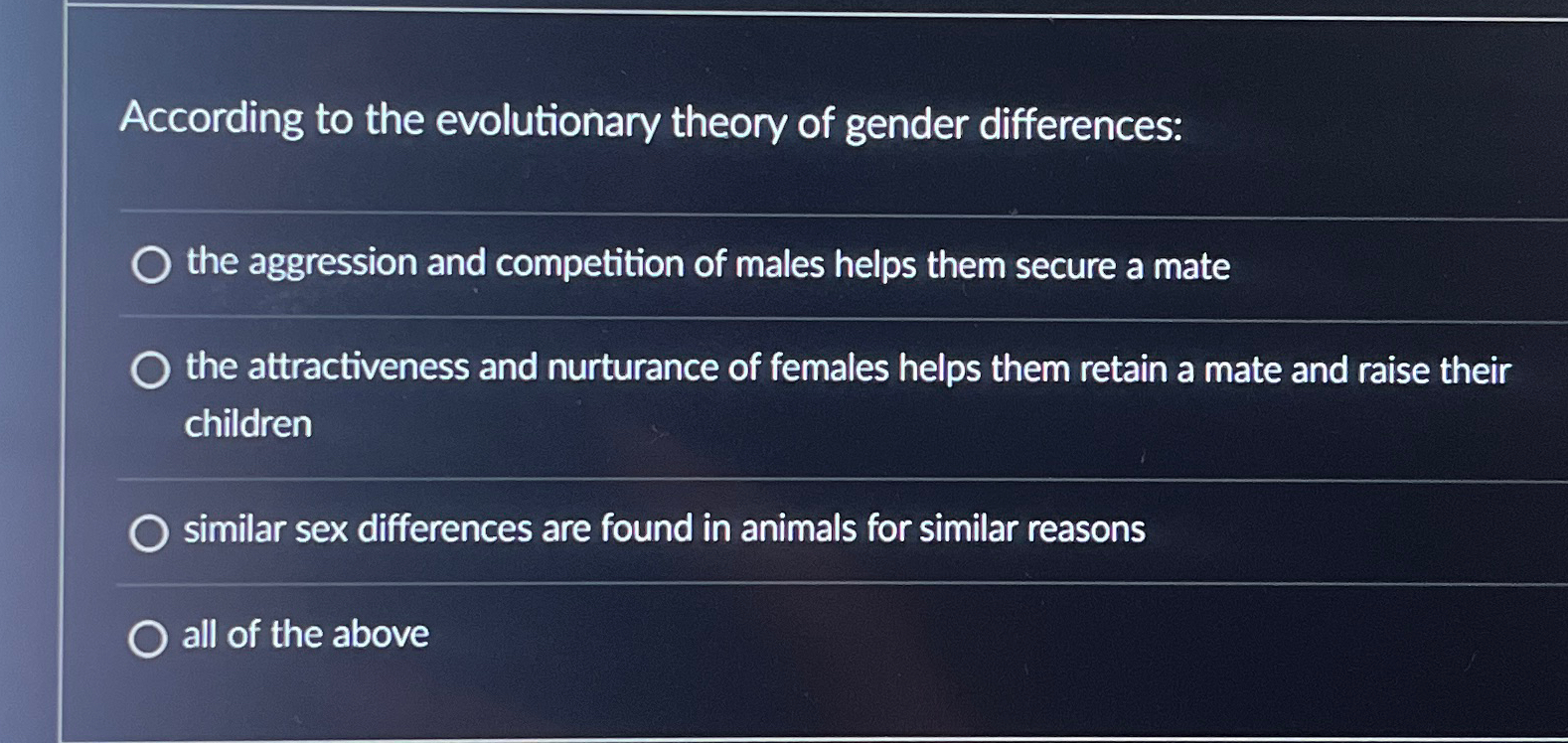 Solved According to the evolutionary theory of gender | Chegg.com