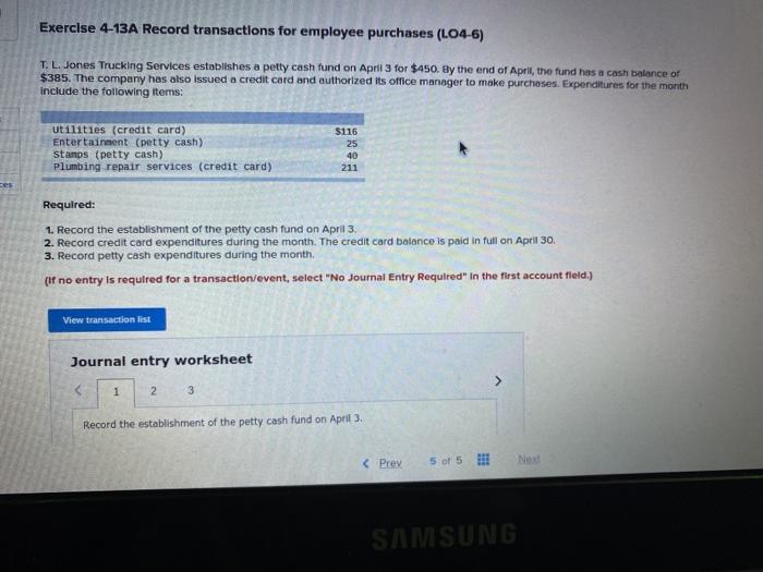 Solved Exercise 4-13A Record transactions for employee | Chegg.com