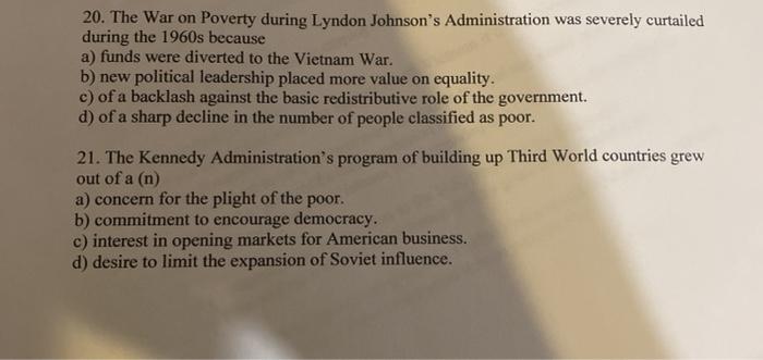Solved 20. The War on Poverty during Lyndon Johnson's | Chegg.com