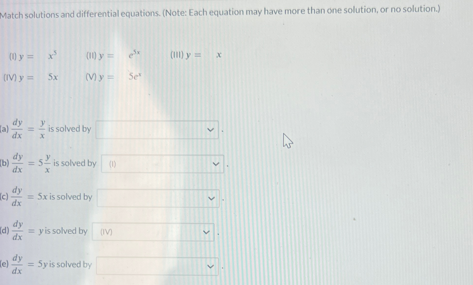Solved Match solutions and differential equations. (Note: | Chegg.com
