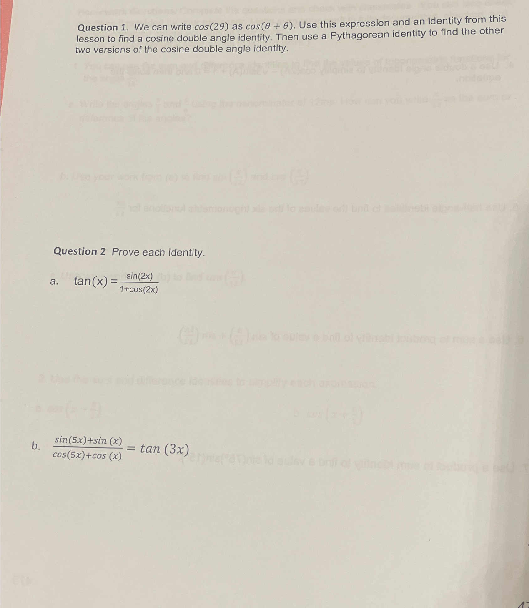 Solved Question 1 ﻿we Can Write Cos 2θ ﻿as Cos θ θ ﻿use