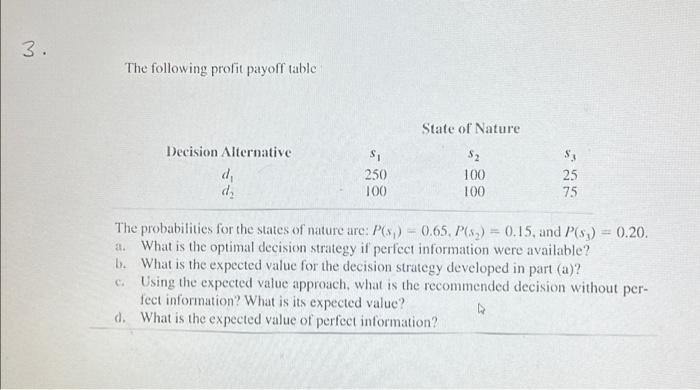 Solved 3. The following profit payoff table Decision | Chegg.com