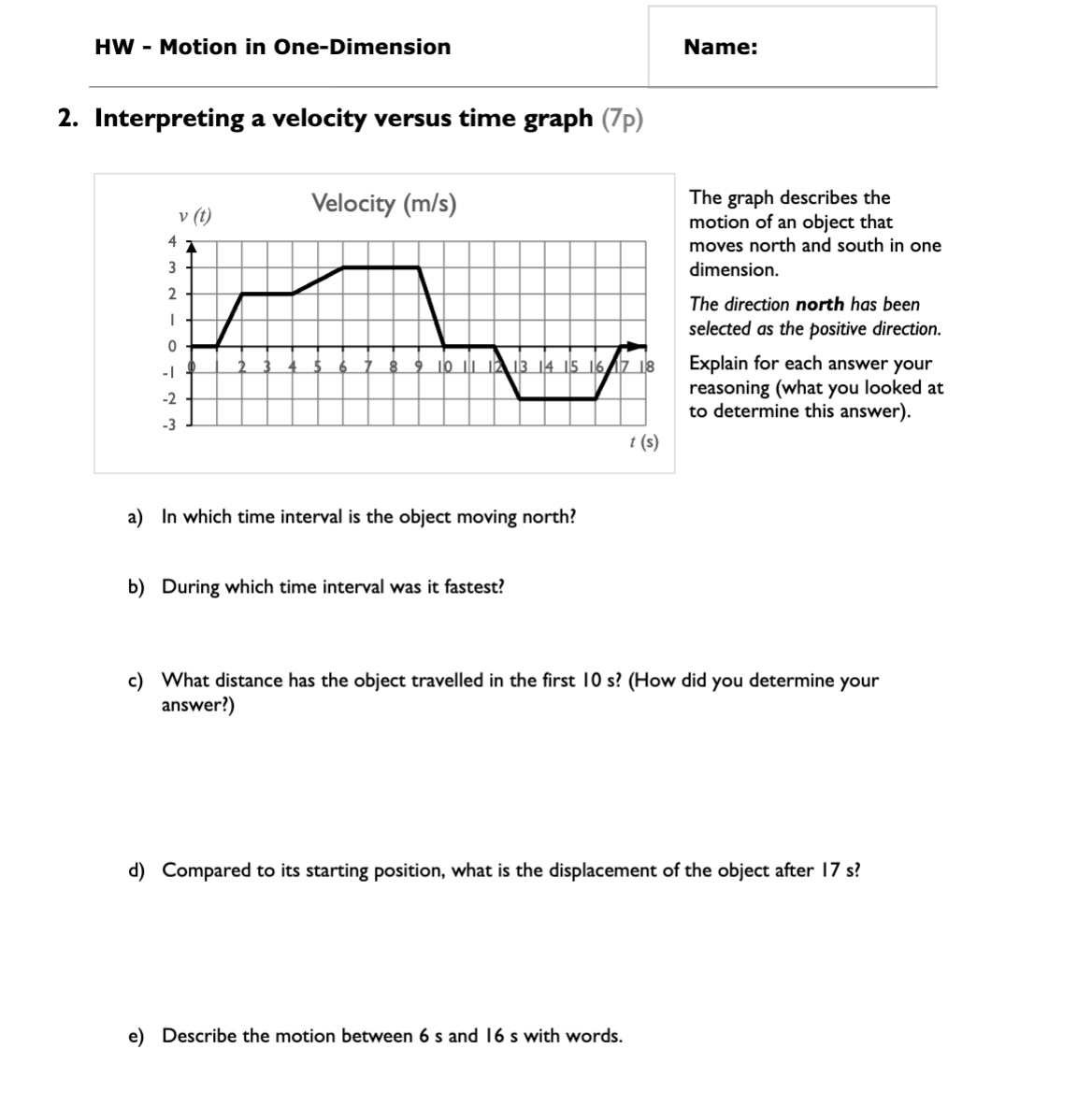 Solved HW - ﻿Motion in One-Dimension 2. ﻿Interpreting a | Chegg.com