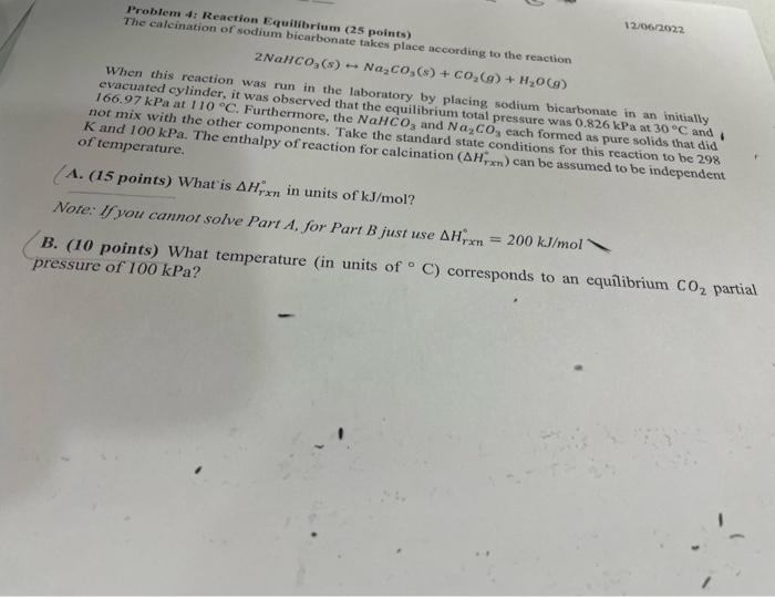 Solved The calcination of sodium bicarbonate takes placess | Chegg.com