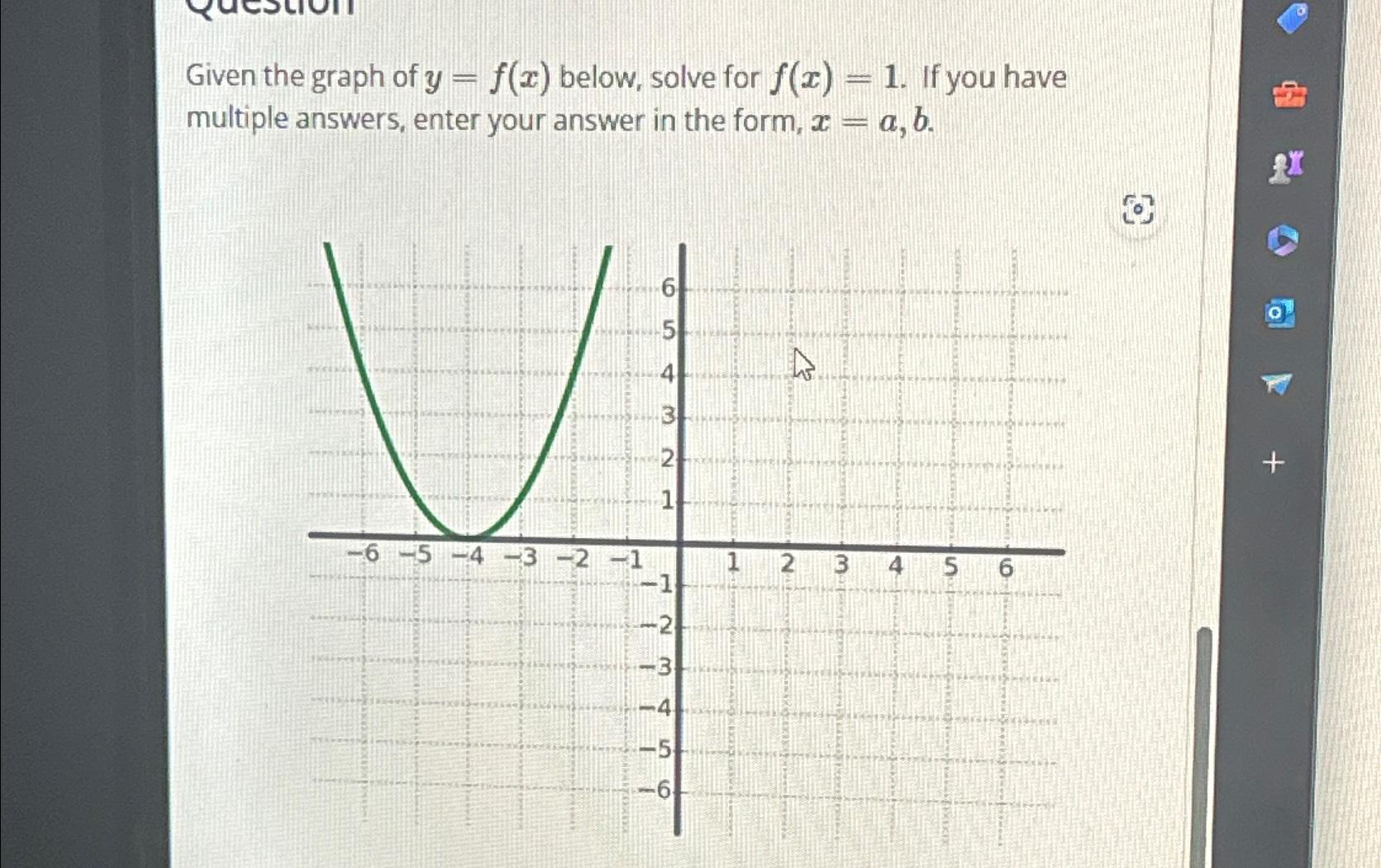 Solved Given the graph of y=f(x) ﻿below, solve for f(x)=1. | Chegg.com
