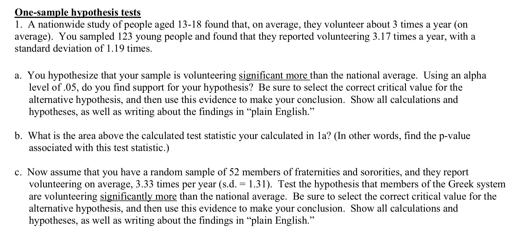 Solved One-sample hypothesis testsA nationwide study of | Chegg.com