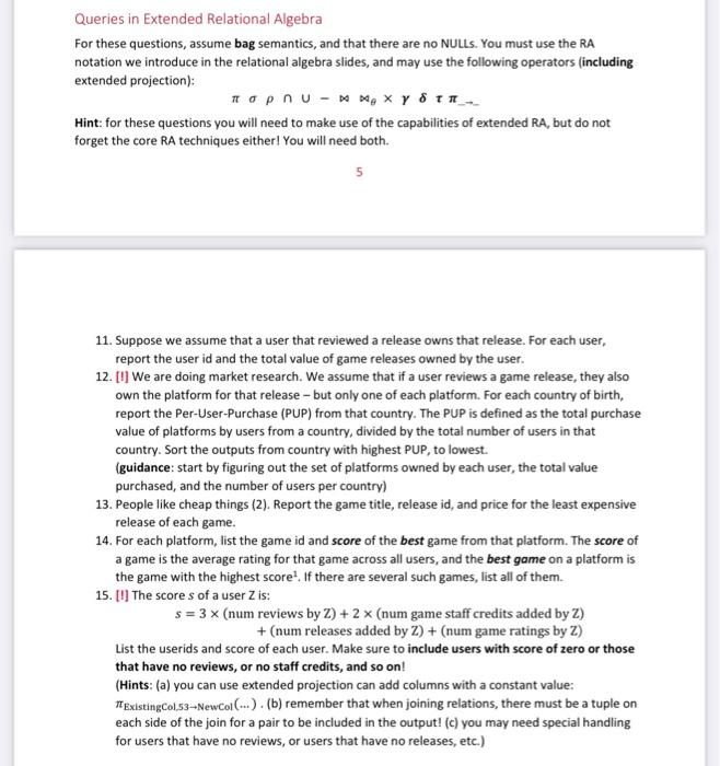 Solved Queries in Extended Relational Algebra For these | Chegg.com