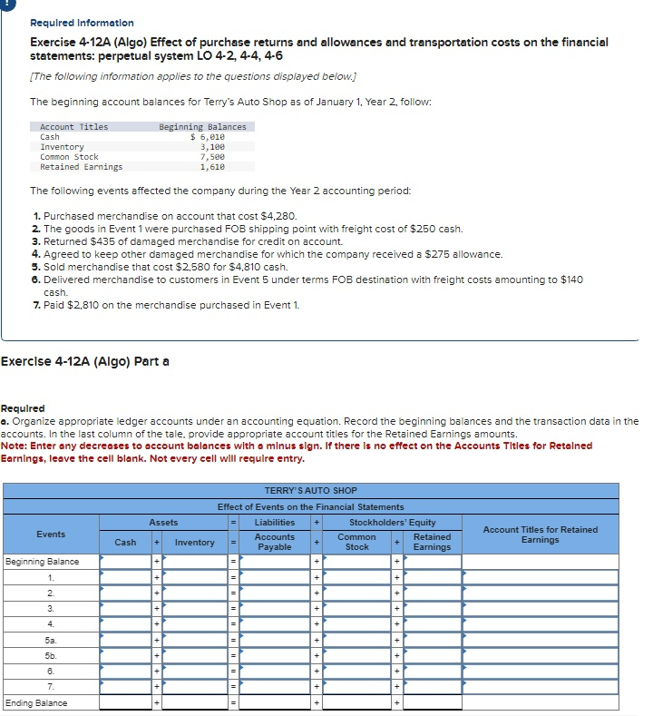 Solved Required informationExercise 4-12A (Algo) ﻿Effect of | Chegg.com