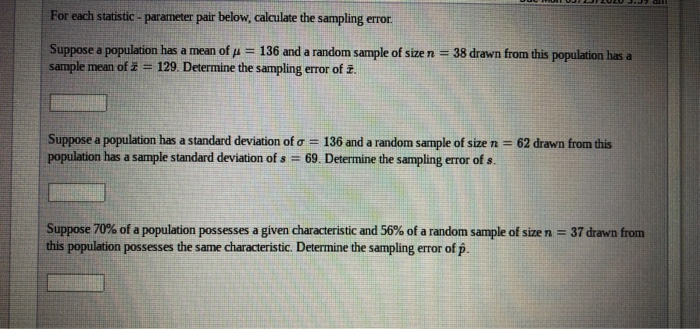 Solved For each statistic - parameter pair below, calculate | Chegg.com