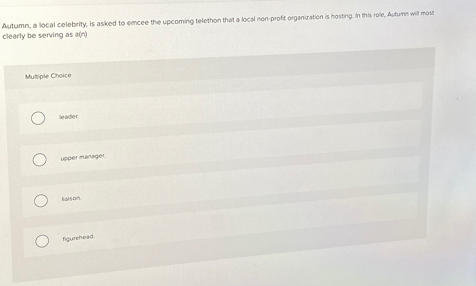 Solved Autumn, a local celebrity, is asked to emcee the | Chegg.com