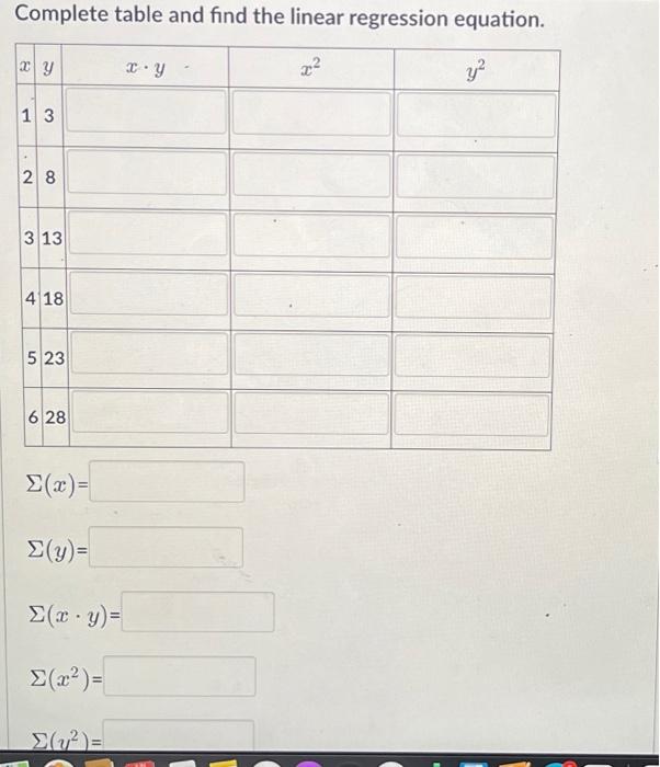 Solved Complete table and find the linear regression | Chegg.com