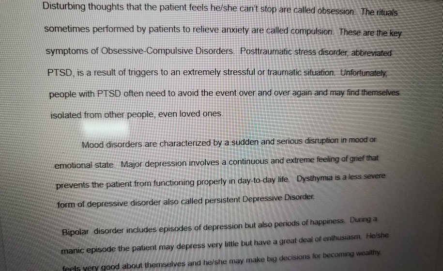 Disturbing thoughts that the patient feels he/she | Chegg.com