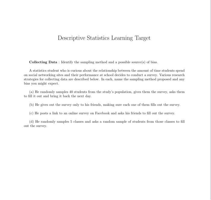 Solved Descriptive Statistics Learning Target Collecting | Chegg.com