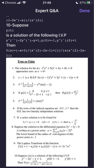 Solved Chrome 21:48 57% Expert Q\&A Done (1−2e∧(−s))/(s∧(2)) | Chegg.com