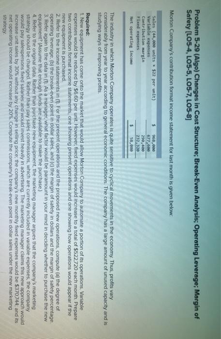 Solved Problem 5-29 (Algo) Changes in Cost Structure; | Chegg.com