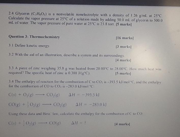 Solved 2.4 Glycerin (C3H2O) is a nonvolatile nonelectrolyte | Chegg.com