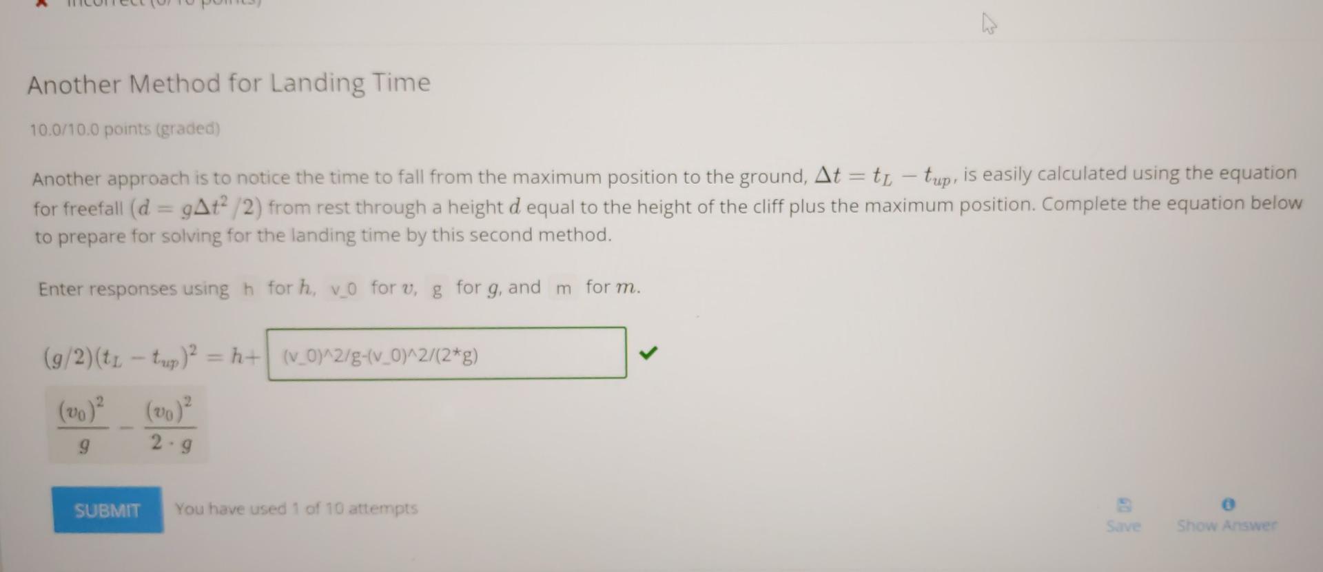 Solved Landing Times 0/10 points (graded) Using the equation | Chegg.com