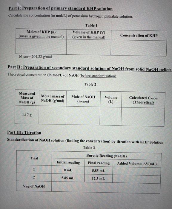 Solved Part I: Preparation of primary standard KHP solution | Chegg.com