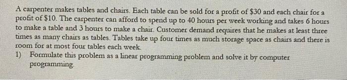 Solved a A carpenter makes tables and chairs. Each table can | Chegg.com