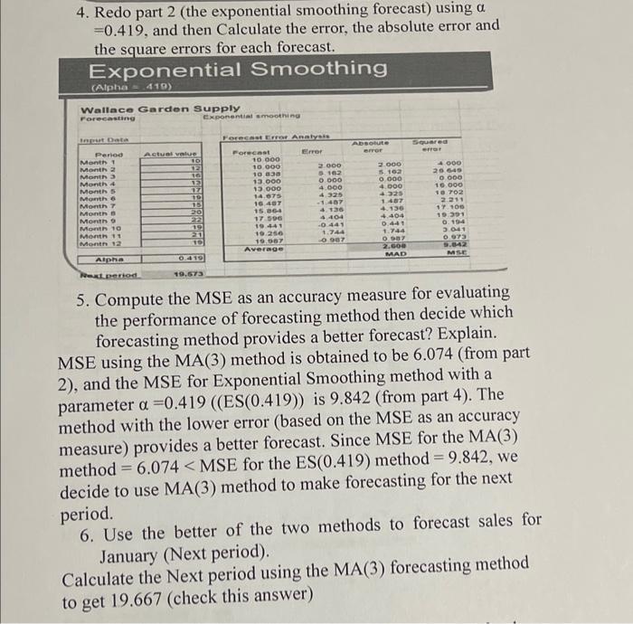 Solved 4. Redo part 2 (the exponential smoothing forecast) | Chegg.com