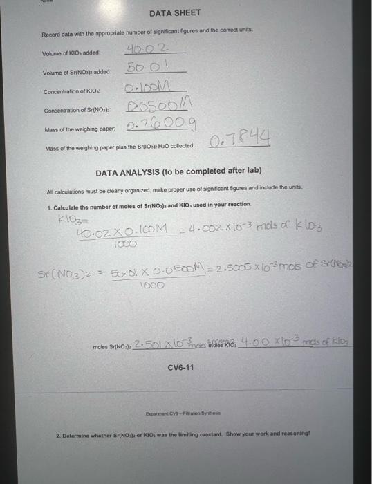 Solved DATA SHEET Record data with the appropriate number of | Chegg.com