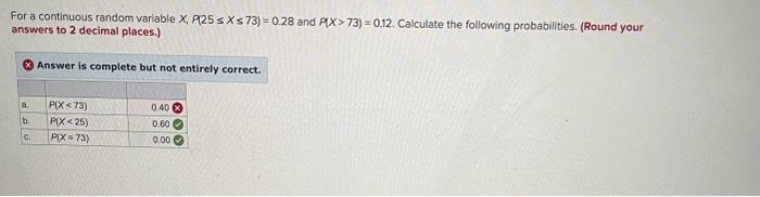 Solved For a continuous random variable X,P(25≤X≤73)=0.28 | Chegg.com