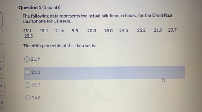 Solved Question 1 (5 points) The following data represents | Chegg.com