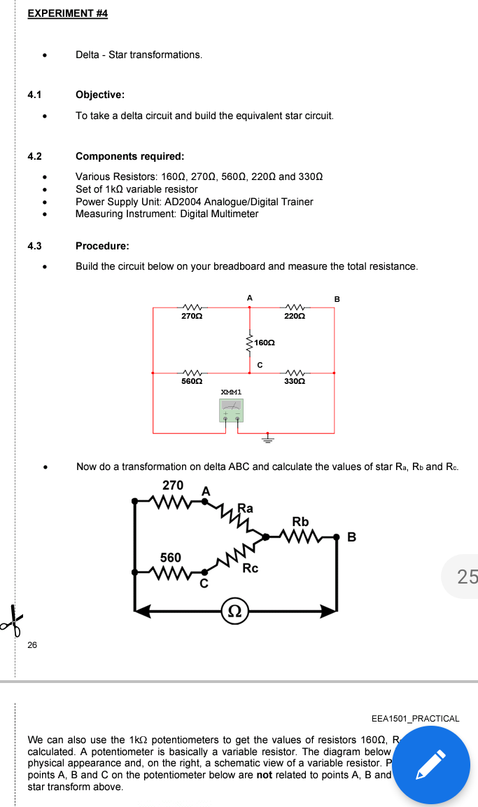 EXPERIMENT \#4 - Delta - Star transformations. 4.1 | Chegg.com