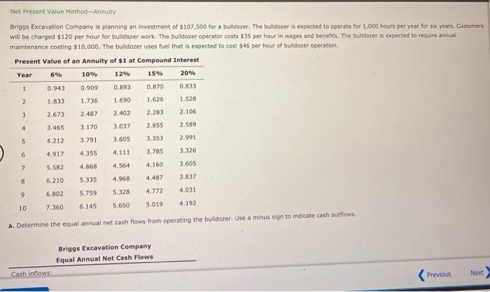 Solved Net Present Value Method--- Annuity Briggs Excavation | Chegg.com