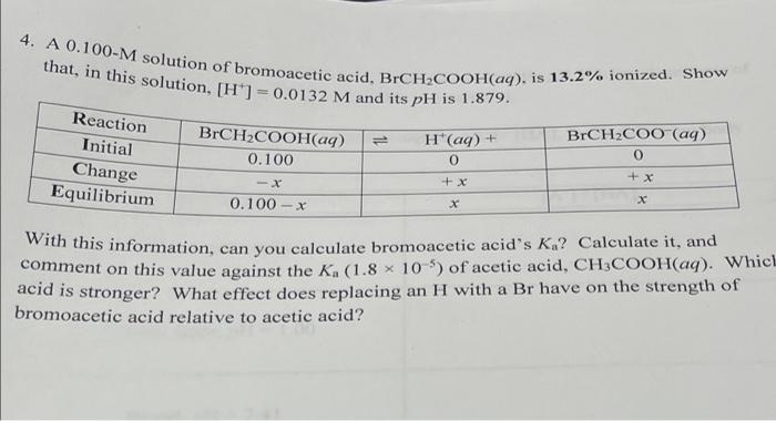 Solved 4. A 0.100-M solution of bromoacetic acid, | Chegg.com