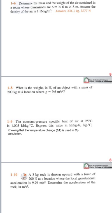 Solved 1-6 Determine the mass and the weight of the air | Chegg.com