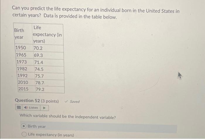 Solved Can you predict the life expectancy for an individual | Chegg.com