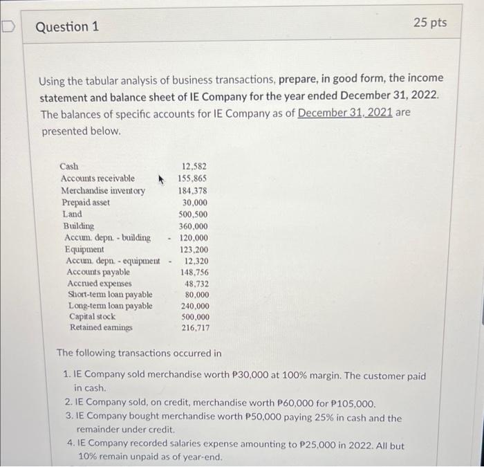 Solved D 25 pts Question 1 Using the tabular analysis of | Chegg.com